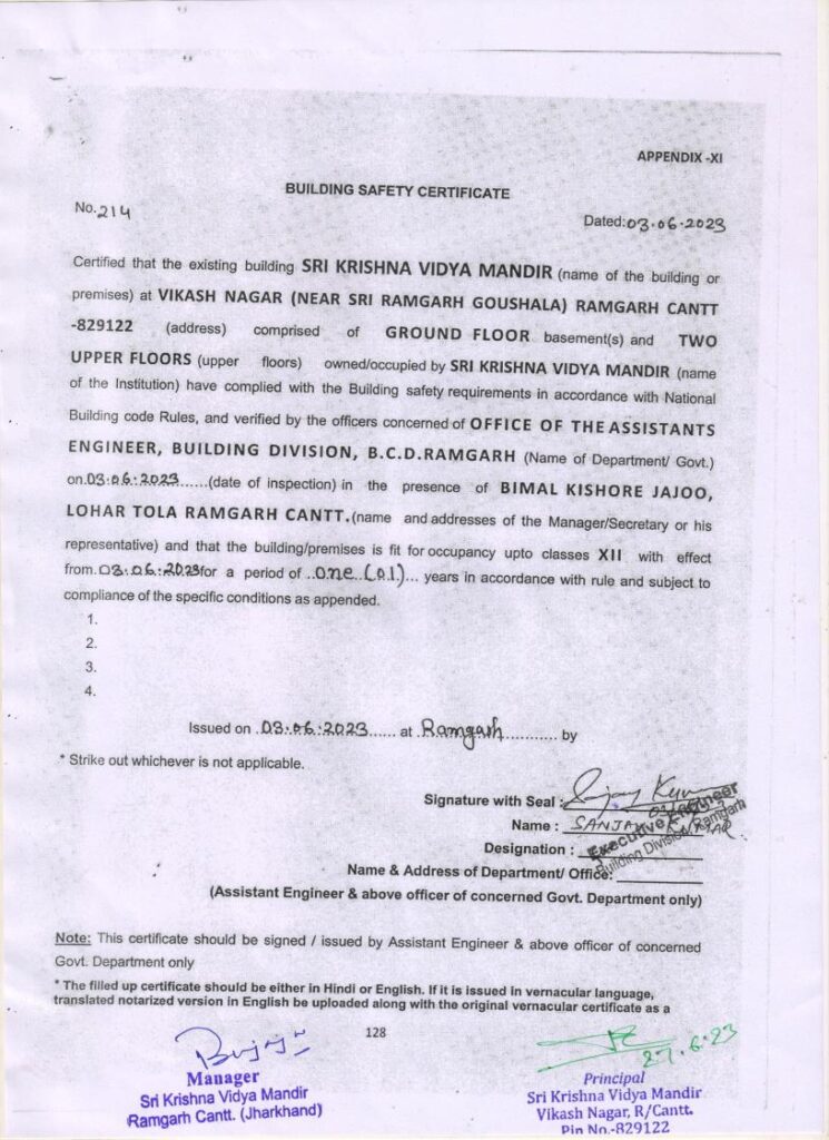 Building Safety Certificate – Sri Krishna Vidya Mandir